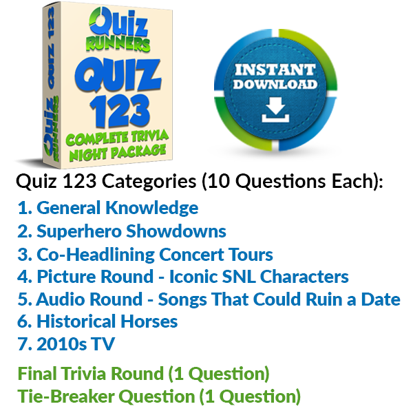 Quiz Night Kit 123 | Trivia - Superheroes, SNL Characters, Horses