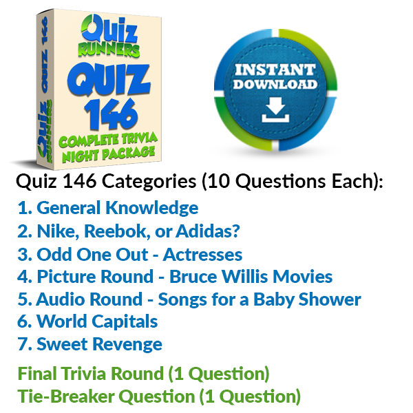 Quiz Night Kit 146 | Trivia - Bruce Willis Movies, Science, Nike